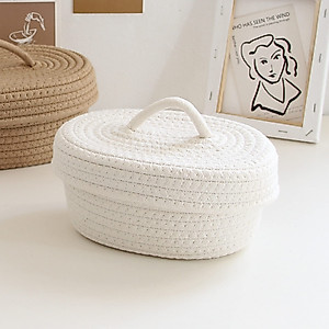 AUNMAS Oval Cotton Rope Storage Basket with Lid, Lidded Woven Nursery Storage Container Multifunctional Desktop Storage Box for Makeup Sundries Snack Needles (Milky White)
