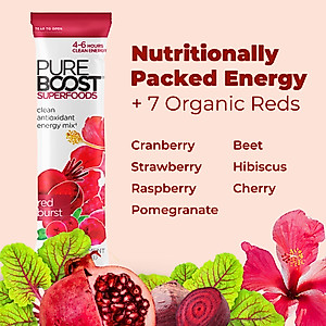 Pureboost Superfoods Clean Energy Booster, Refreshing Energy Drink Mix with 7 Organic Red Superfoods; Beet, Hibiscus, Pomegranate and Vitamins. Sugar-Free, No Sucralose (Red Burst, 30 Count)