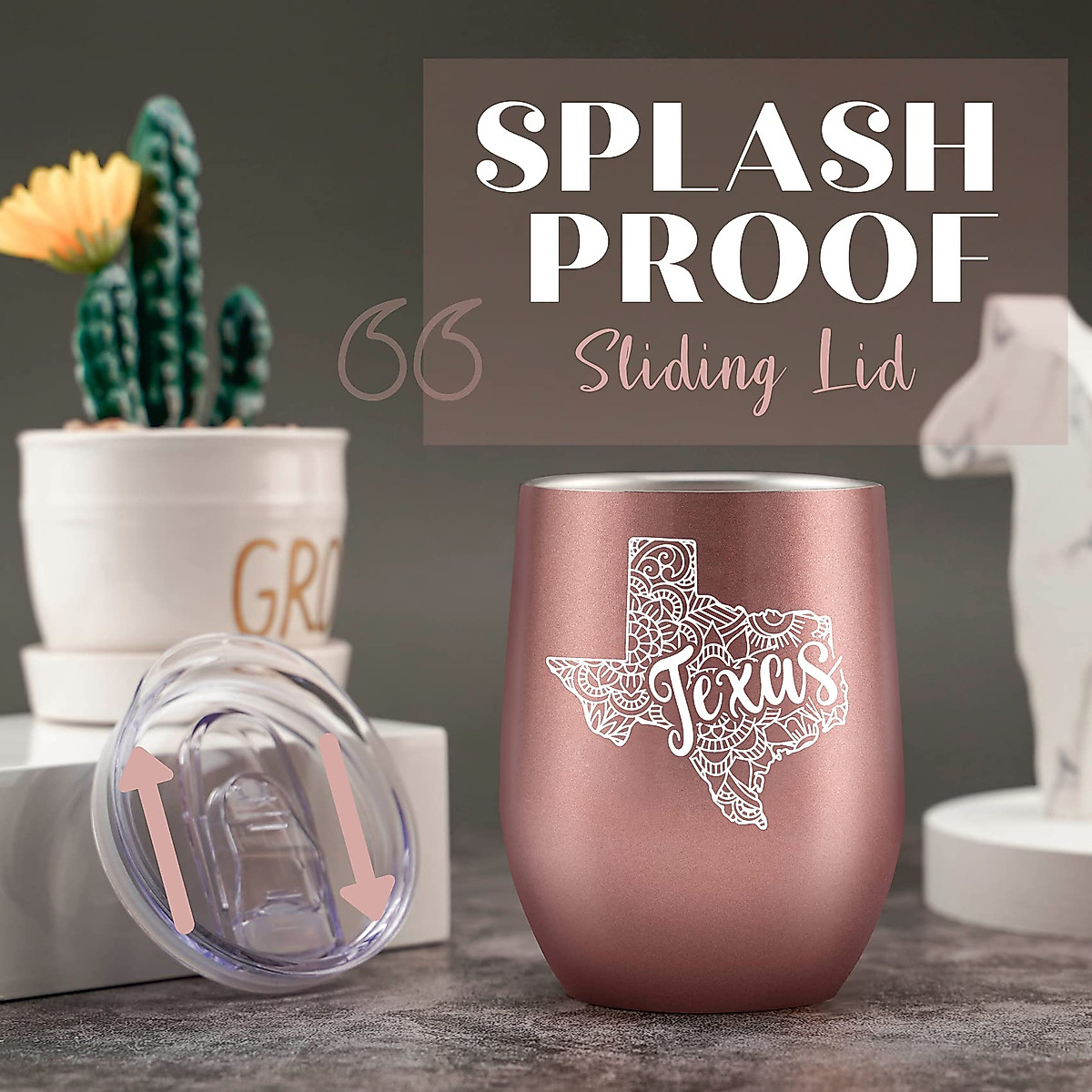 Onebttl Us States Themed Travel Homesick Gift, Souvenirs for Women, 12oz Stainless Steel Wine Tumbler with Lid, Perfect for Christmas, Moving Gift - Texas Rosegold