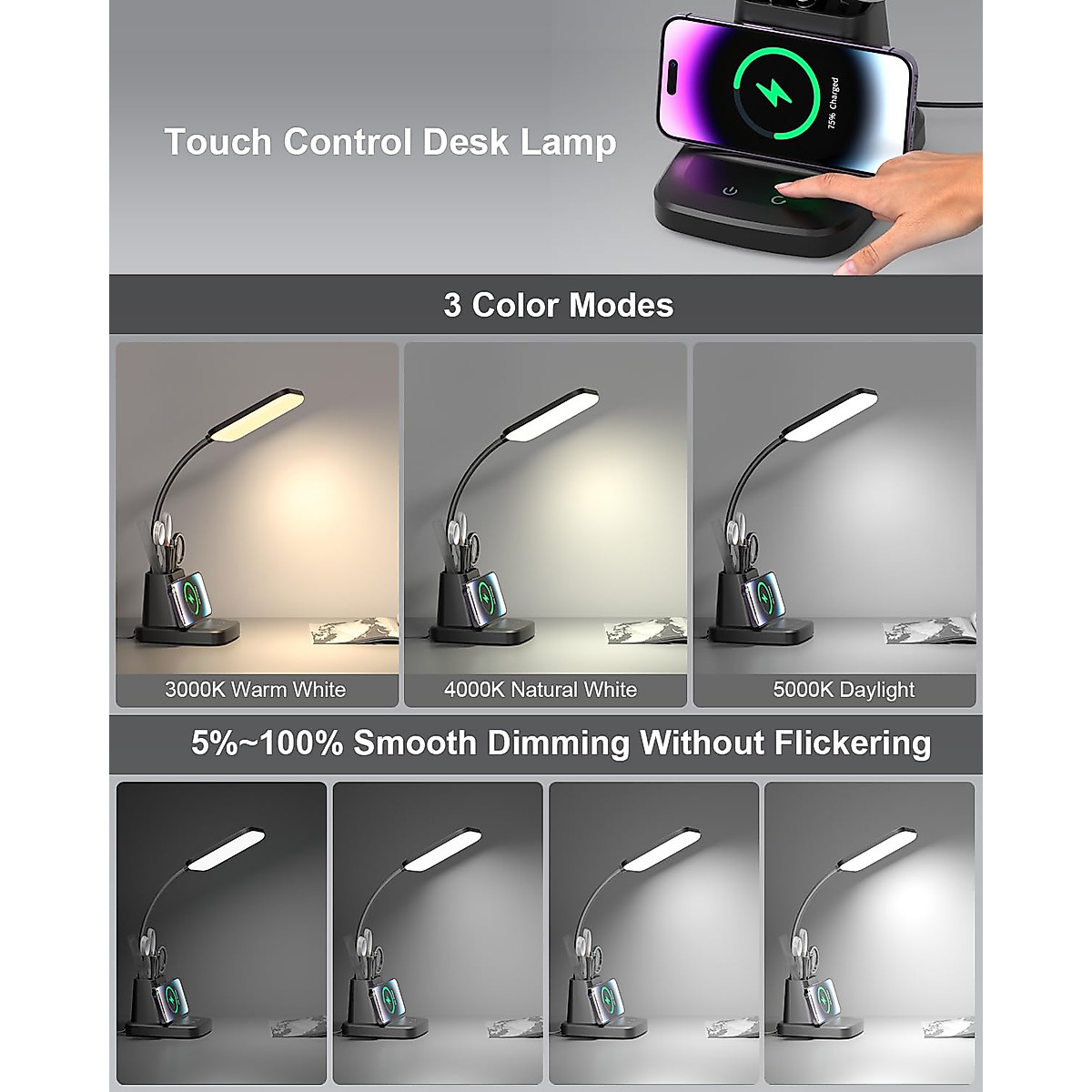GOLSPARK Desk Lamp with Wireless Charger, LED Desk Lamp for Home Office 3 Color Modes CRI90+ Eye-Caring Reading Light with Pen Holder, Dimmable Gooseneck Touch Control Table Lamp for College Dorm Room