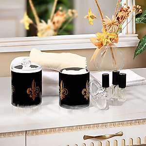 Quteprint 2 Pack Qtip Holder Dispenser, Gold Black Fleur De Lis Floral Clear Plastic Jar Bathroom Canister Storage for Cotton Swab, Cotton Ball, Floss Picks, Hair Clips, Makeup Sponges