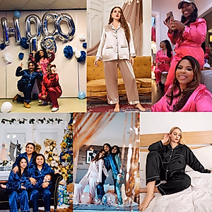 SWOMOG Women Plus Size Long Sleeve Pajamas Silk Satin Pajama Sets Button Down Sleepwear Pjs Loungewear with Pockets Red Apple