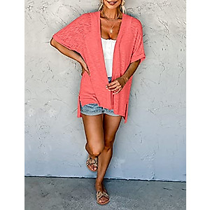 MEROKEETY Womens 2023 Summer Lightweight Cardigan Short Sleeve Open Front Casual Loose Cover Ups,Coral,XXL