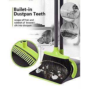 Broom and Dustpan,Indoor Broom and Dust Pans with Long Handle Up to 54 Inches,Broom and Dustpan Set for Home,Standing Upright Broom with Dustpan Combo Set for Kitchen Room Office Lobby Floor(Green)