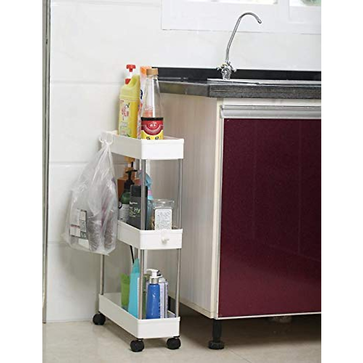 3 Tier Slim Storage Cart, Mobile Narrow Rolling Cart with Wheels, Conveniently Slide Out Organizer Shelf Cart for Kitchen Bathroom Pantry Laundry Narrow Space - Plastic (White)