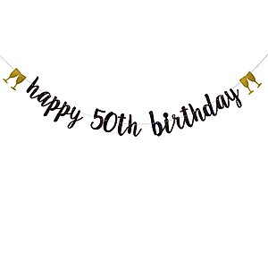 ABCpartyland Happy 50th Birthday Banner, Pre-Strung, 50TH Birthday Party Garlands Bunting Sign Photo Props Backgrounds, Black, 118 inches x 5.6 inches