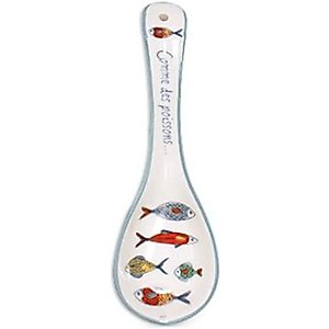 Nautical White Ceramic Spoon Rest with Colorful Fish Design - Comme De Poisson - 9.25"