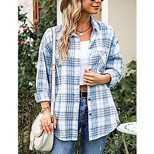 Megfie Oversized Womens Flannel Plaid Soft Flannel Button Down Shirt Roll Up Long Sleeve Flannel Plaid Shirt Blouses Women(0070-SkyBlue-L)