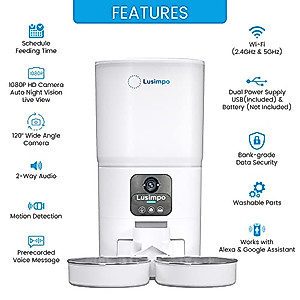 LUSIMPO Automatic Dual Pet Feeder with 1080P HD Camera for 2 Dogs/Cats, Double Bowls, Dog/Cat Feeder with Camera, Free App Control, Scheduled Feeding, Auto Night Vision, Extra Large Food Capacity 7L