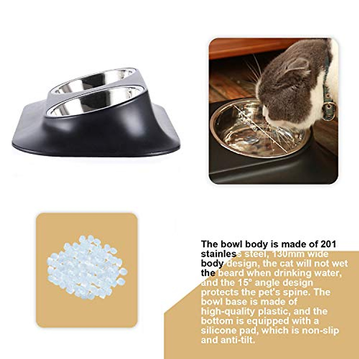 Raised Cat Bowl Pet Bowl,Stainless Steel Elevated Small Dog Bowls,15°Tilted Whisker Reliefs Fatigue Free Stress Anti Vomiting Cat Food Water Bowls,Non Slip Cat Feeding Bowls（Double Bowl）