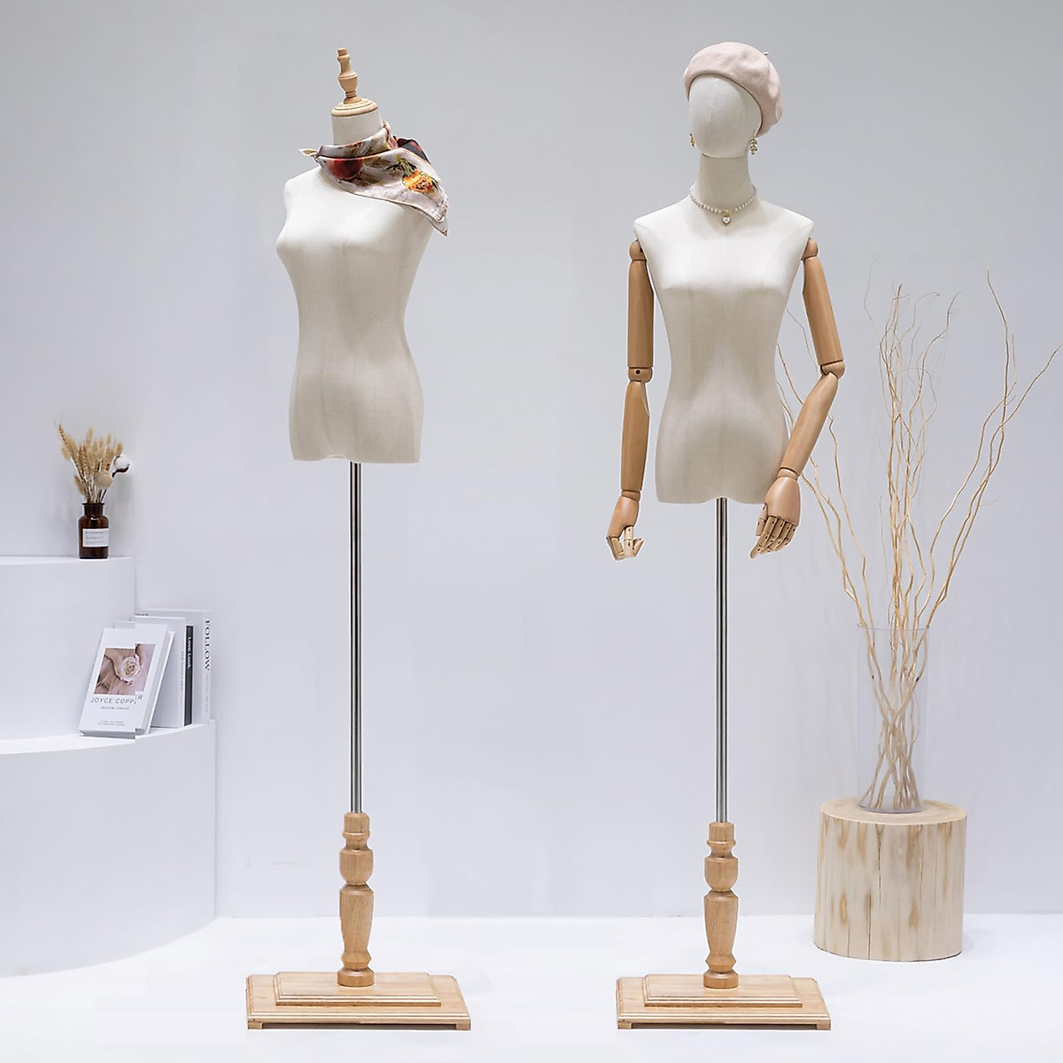 Dress Form Mannequin, Display Female Mannequin with Wooden Stand and Head, 55"~77" Height Adjustable Women Mannequin for Boutique Clothing Jewelry Store