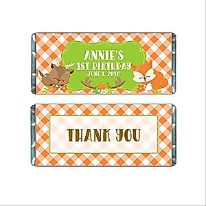 Woodland Creatures Personalized Candy Bar Wrappers for Chocolate, Hershey Bar Party Favors, Kids Birthday, Pack of 20