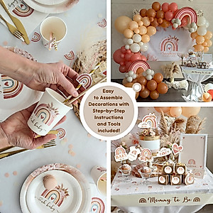 408 PC Boho Baby Shower Decorations for Girl - Backdrop, Balloon Arch Garland, Plates, Napkins, Straws, Sash, Cake Toppers, Guestbook, Confetti, Favor Stickers - Rainbow Baby Shower Decorations