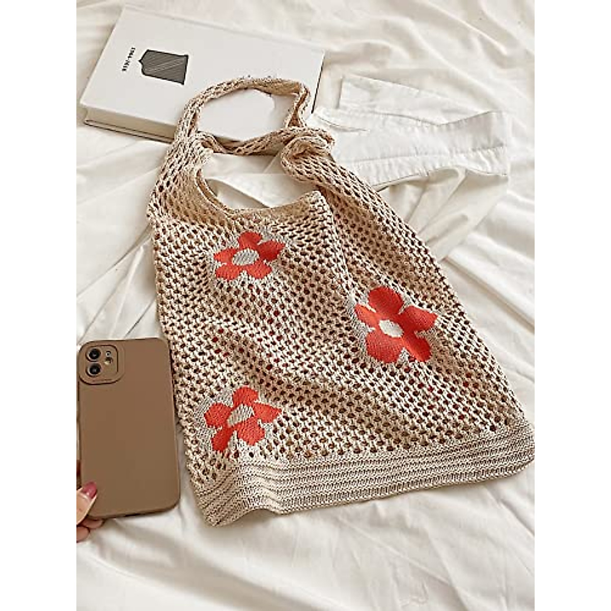 Verdusa Women's Floral Print Crochet Tote Bag Shoulder Handbags Summer Shopping Bags Apricot one-size