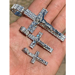 HarlemBling Real 925 Sterling Silver - Iced Baguette Cross W. Jesus Pendant - 3 Sizes Great For Any Necklace 1-2.5" (Medium 1.5")