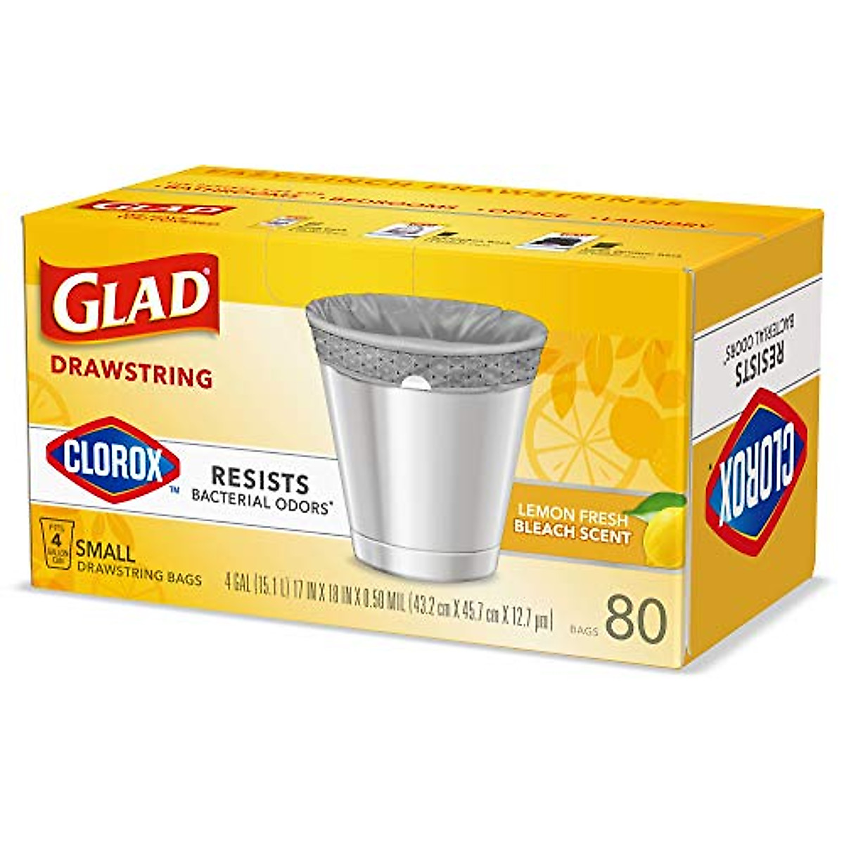 GLAD Small Kitchen Trash Bags, - 4 Gallon Trash Bag for Kitchen, Lemon Fresh Bleach Scent, Odor Eliminator, Leak Protection, 80 Count