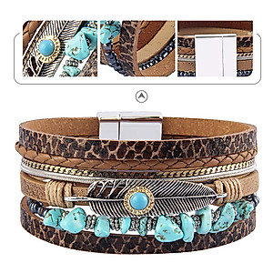 GelConnie Womens Leather Wrap Bracelet Boho Leather Cuff Bracelet Feather Turquoise Multi Layer Leather Bracelet Cuff Bangle Jewelry Bohemian Bracelet for Women Mother Wife