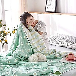 SANACYNA 6-Layer Gauze 100% Cotton Muslin Blanket Sunflower Queen Size 90"x90" Bed Blanket Lightweight Soft And Breathable Blanket For Sofa Bed Coverlet All Seasons Both sides (Green, Queen (90"x90"))