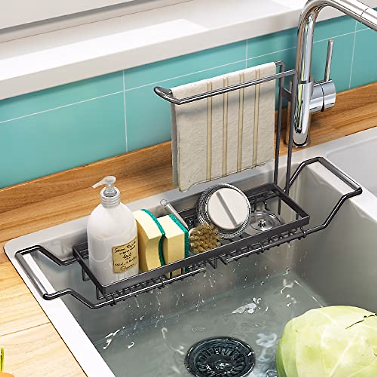 Sponge Holder for Kitchen Sink Telescopic Sink Storage Rack, Expandable for Sponge Brush Soap Dish Cloth Rag 16.7" to 21.3"(201 Stainless Steel) (Black Upgrade)