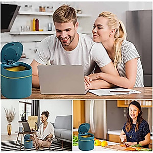 Plastic Mini Trash Can with Lid - 2 L Pop Up Wastebasket for Bathroom Vanity, Desktop, Tabletop or Coffee Table - Dispose of Cotton Rounds, Makeup Sponges, Tissues (Grey)