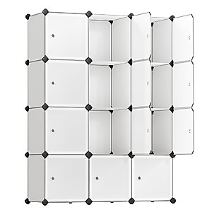 SONGMICS Cube Storage Organizer, Set of 12 Plastic Cubes, Closet Storage Shelves, DIY Plastic Closet Cabinet, Modular Bookcase, Shelving with Doors for Bedroom, Living Room, White ULPC342W01