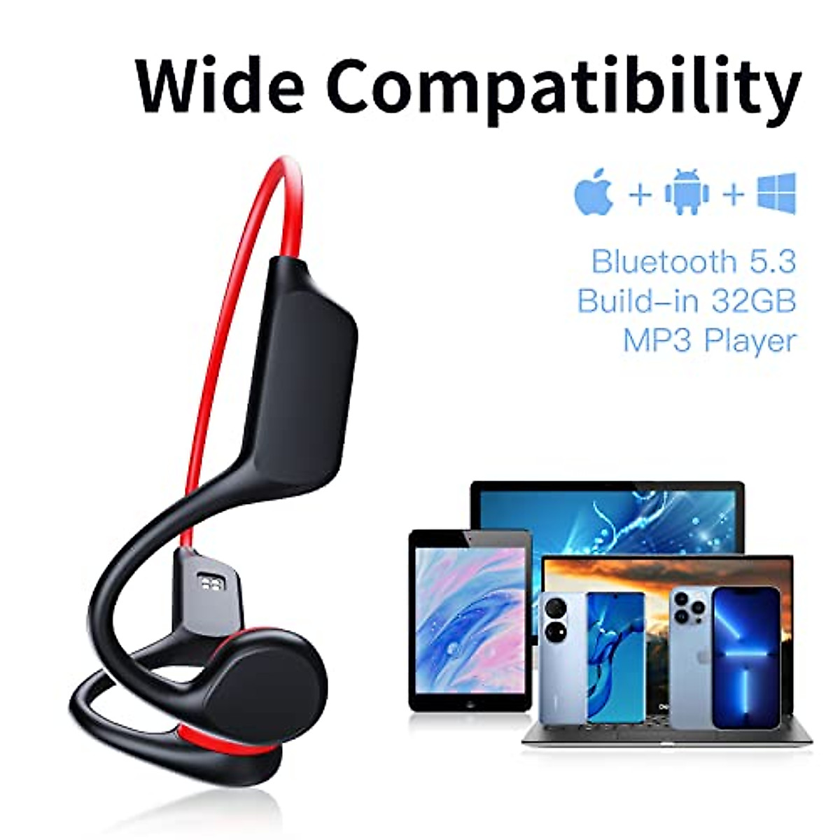 FOLEY Bone Conduction Headphones, IPX8 Waterproof Underwater Headphones for Swimming Wireless Bluetooth 5.3 Build-in 32GB Memory and Microphone MP3 Player Open Ear Headsets for Diving/Cycling/Running