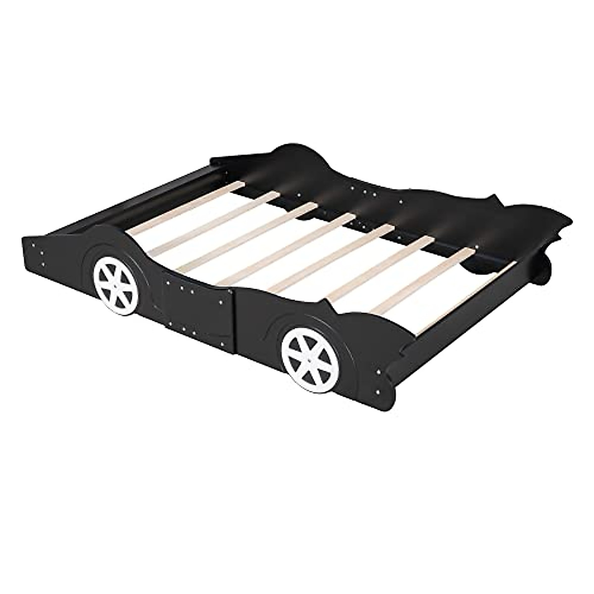 AIDEPAI Twin Size Race Car-Shaped Platform Bed with Wheels White Safe Wooden Platform Bed Frame Twin Beds Frame Bed for Kids Boys Girls Teens (Black, Twin)