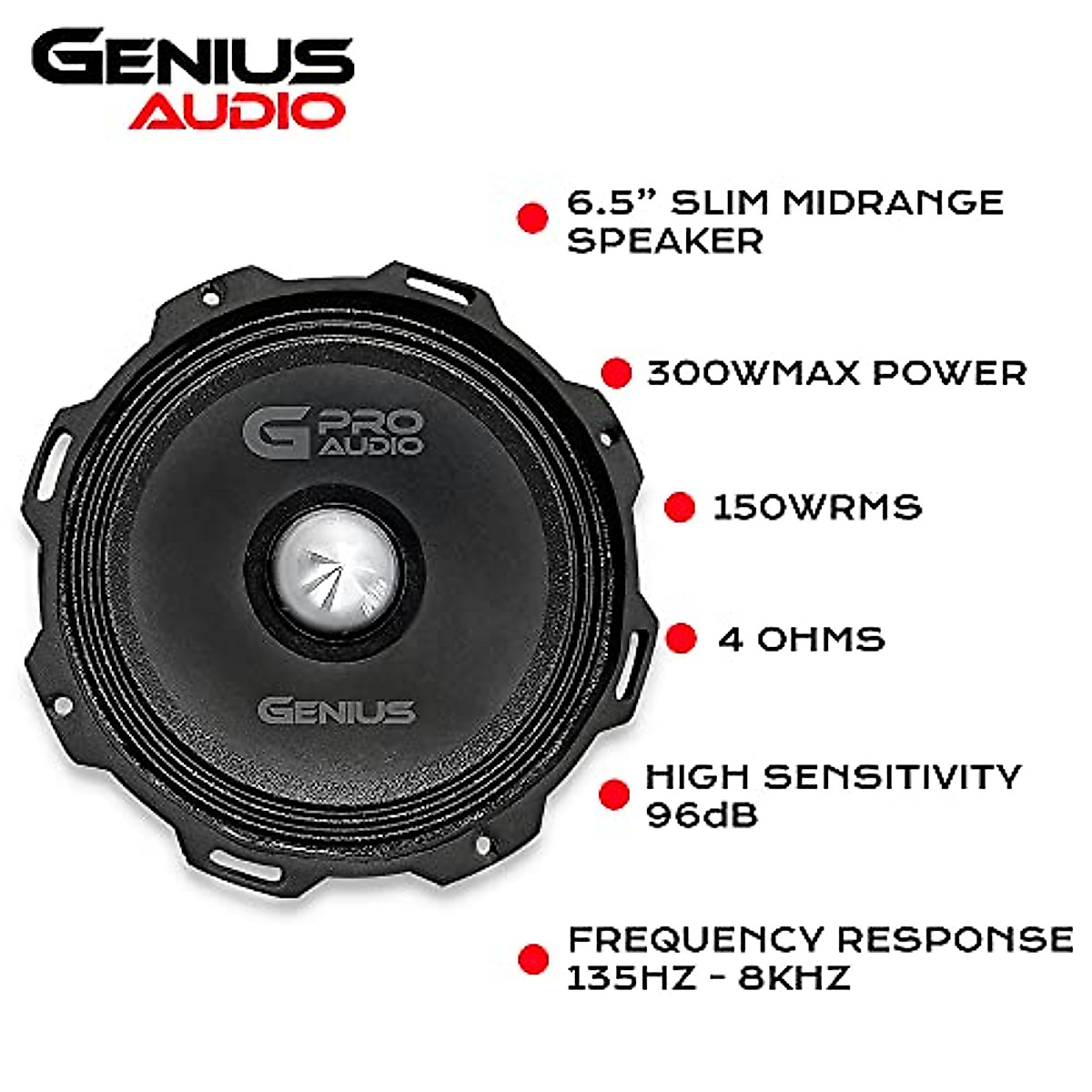 Genius Audio GPRO-M0765 6.5" 300 Watts Max 150 Watts RMS Pro Audio Midrange Speakers Push Connector Aluminium Bullet Car Audio Speaker Ferrite Magnet 4 Ohm Reinforced Paper Cone (1 Speaker)