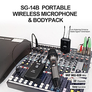 SGPRO Wireless Microphone Multi-Purpose Set with Compact Receiver, Mute. and Battery Indicator for Singing, DJ, Speech, Classroom, Church and Karaoke (SG-14B | Handheld and Bodypack Set)
