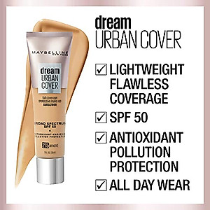 Maybelline Dream Urban Cover Flawless Coverage Foundation Makeup, SPF 50, Natural Beige