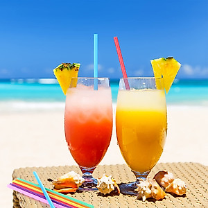 Patelai 201 PCS Plastic Straw Dispenser Drinking Straw Organizer Container with Stainless Steel Lid Transparent Drinking Straw Holder Striped Plastic Straw Plastic Drinking Straw (Fresh Colors)