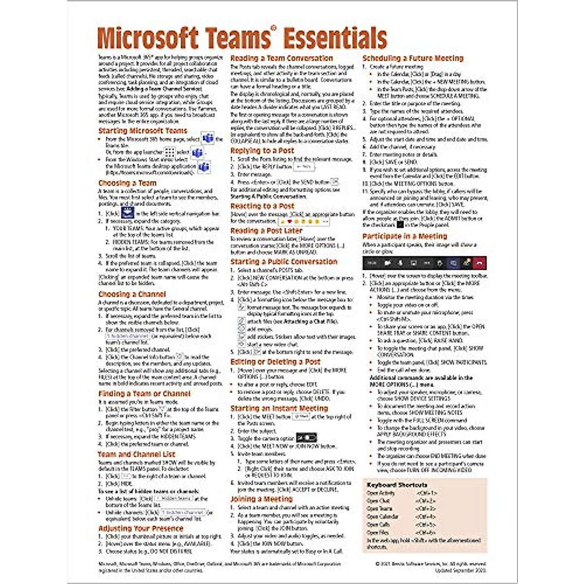 Teams for Microsoft 365 Quick Reference Guide (Cheat Sheet of Instructions, Tips & Shortcuts - Laminated Card)