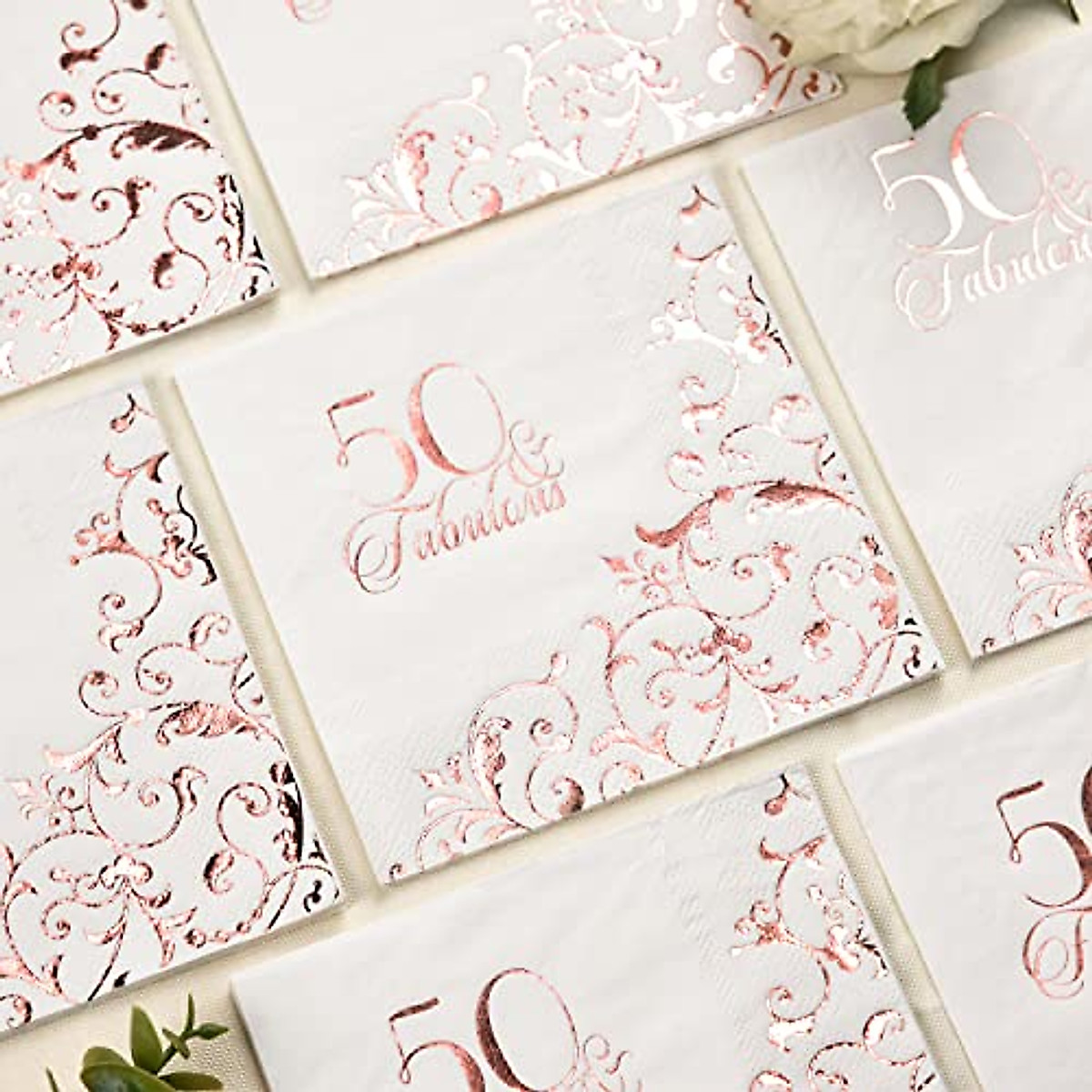 Crisky Rose Gold 50 Fabulous Cocktail Napkins for Women 50th Birthday Party Decorations, 3-Ply Disposable Beverage Dessert Napkins, 50 Counts