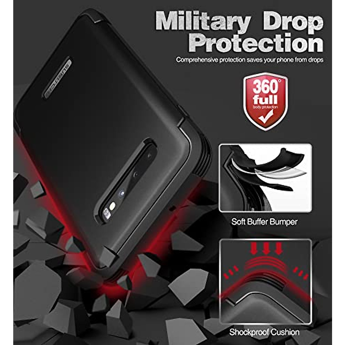 SURITCH for Samsung Galaxy S10 Plus Case, [Built-in Screen Protector] 360° Full Protection Military Grade Shockproof Rugged Bumper Thick Protective Phone Cover for Samsung S10 Plus 6.4 Inch - Black