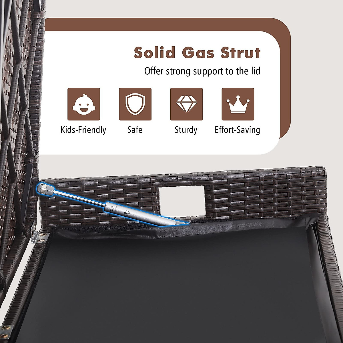 HAPPYGRILL 34 Gallon Patio Storage Bench Deck Box, 3-in-1 Rattan Wicker Storage Box with Seat Cushion & Zippered Protective Liner, Effort-Saving Gas Strut