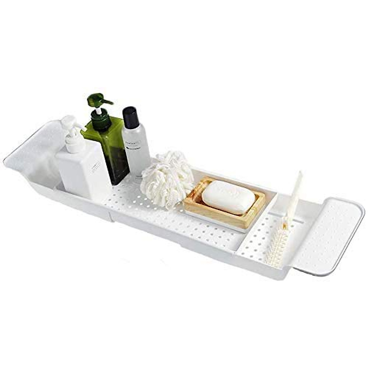 Bathtub Tray Caddy Plastic Shower Organizer Trays with Extending Sides Bath Kitchen Shelf, Fits Most Tubs 31" x 6.7" (White)