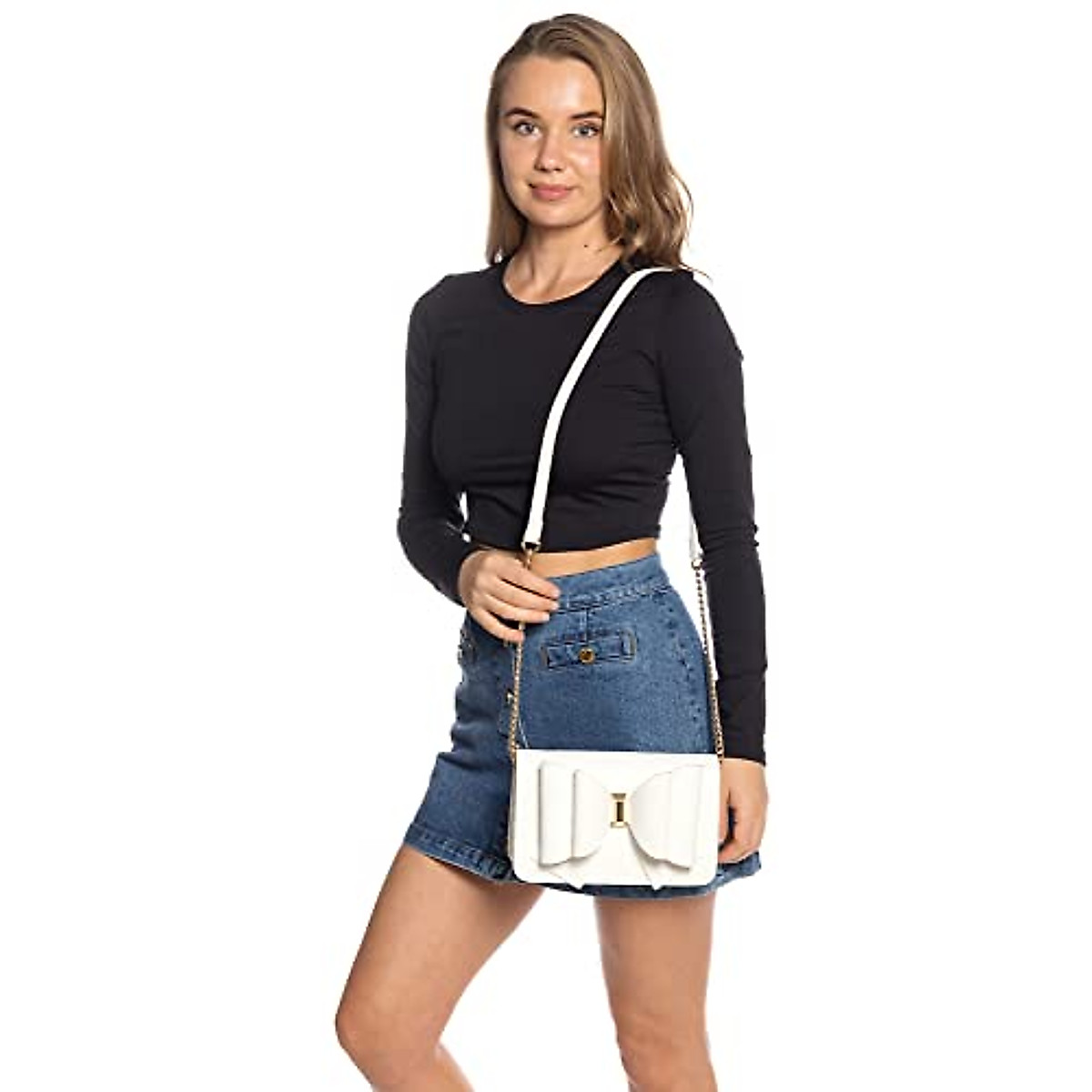 Like Dreams Fashion Crossbody Bag for Women Elegant Bowtie Vegan Leather Chain Meshed Long Strap Shoulder Purse (White)