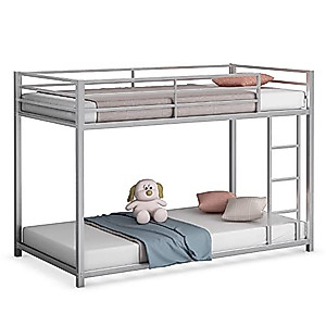 DORTALA Bunk Bed Twin Over Twin, Twin Bunk Beds w/Guardrail & Ladder, Metal Bunk Bed for Dormitory & Multiple-Child Family, Twin Bunk Beds for Toddler, Kids, Silver