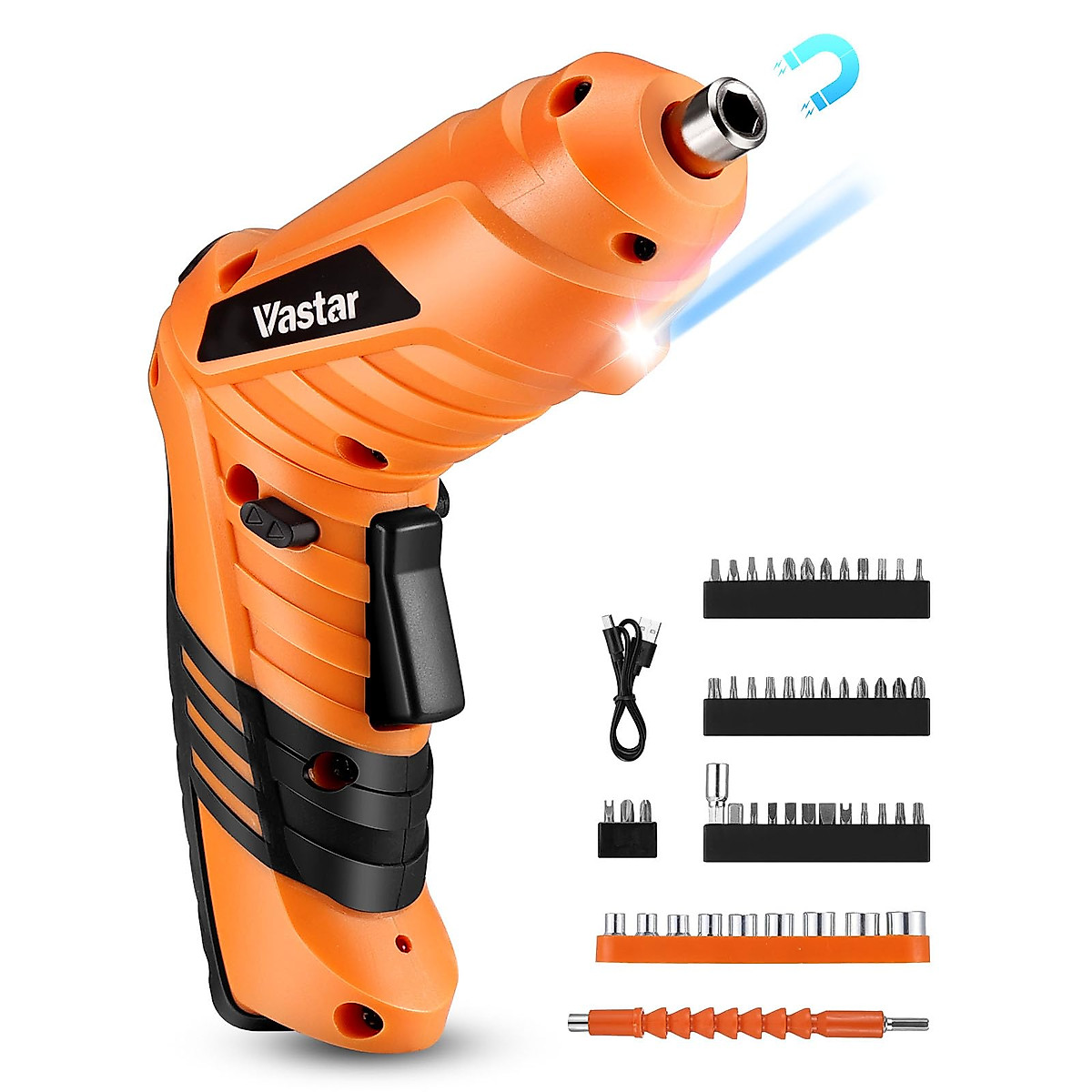Vastar Cordless Electric Screwdriver Set, 48Pcs 3.7V Rechargeable Screwdriver Kit, Dual Position Handle, Battery Indicator, Flexible Shaft, LED Light