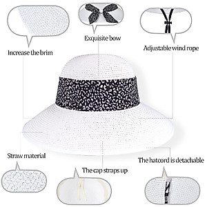 Womens Straw Sun Hat Summer Beach Wide Brim UV Protection Hats with Chin Strap Leopard White Floppy Foldable Packable Ladies Fashion Cute Bowknot Travel UPF 50 Cap for Girls