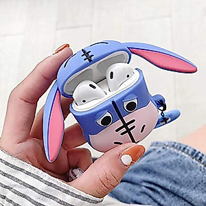 Ultra Thick Soft Silicone Case with Finger Strap for Apple Airpods 1 2 1st 2nd Blue Donkey Eeyore Winnie the Pooh Disney Disneyland Cartoon 3D Cute Lovely Hot Kids Girls Teens Daughter