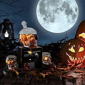 Skull Skeleton Wine & Whiskey Decanter Set 750 mL With 2 Skull 3oz Skeletons Shot Glasses + Mahogany Wooden Base & Pouring Spigot Decor Glass, Goth Spooky Drinking Glassware The Wine Savant