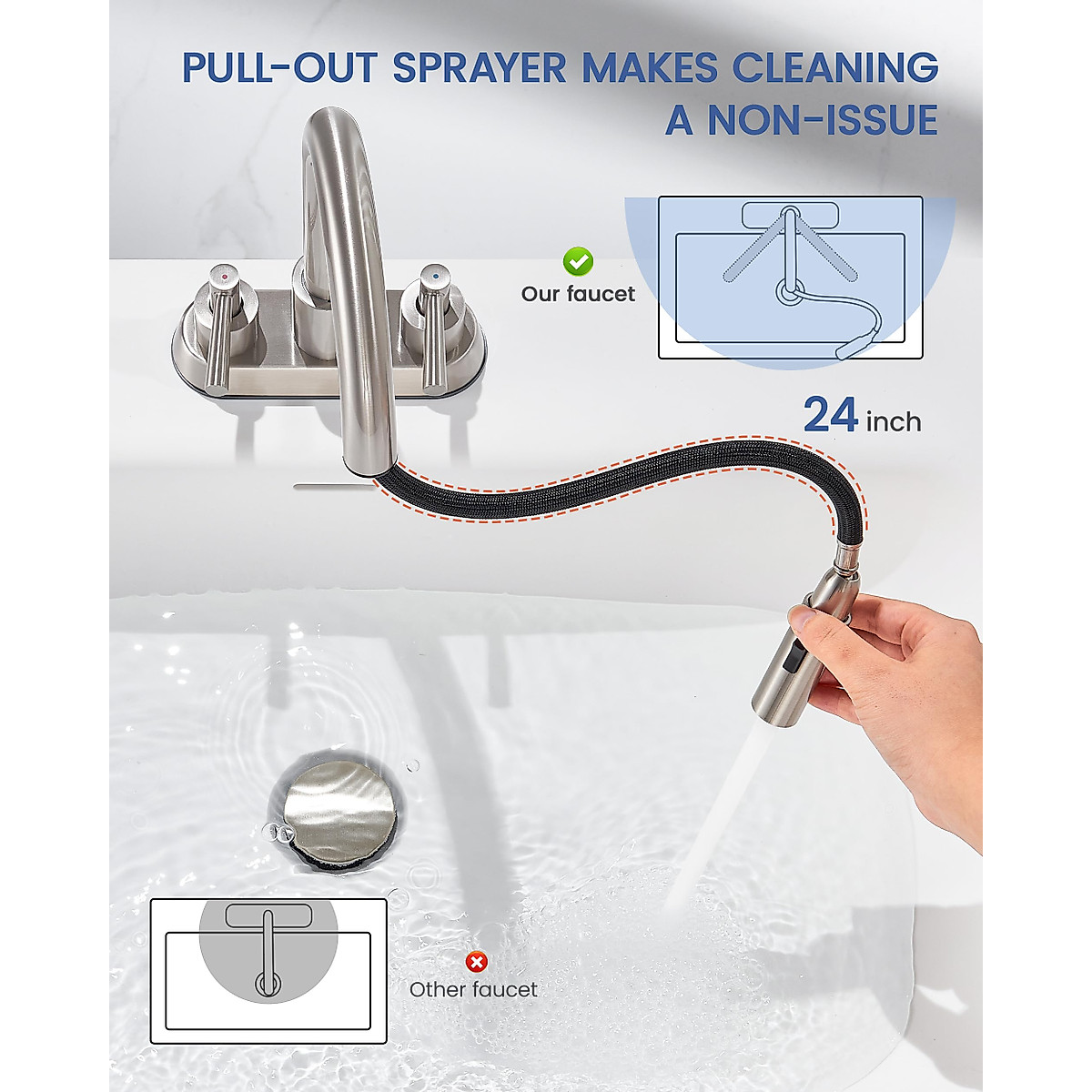 FELIXBATH Bathroom Sink Faucet with Pull Out Sprayer 2 Handles, Brushed Nickel Pull Down Bathroom Faucet 3 Holes, 4 Inch Sink Faucet Bathroom, 360 Degree Swivel Spout, Pop Up Drain Assembly Included