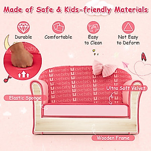 Costzon Kids Pink Couch, Toddler Mini Sofa for Kids Loveseat Aged 1-3, Upholstered Armchair with Velvet Surface & High-Density Sponge, Children's Sofa for Preschool Bedroom Playroom Gift Presents