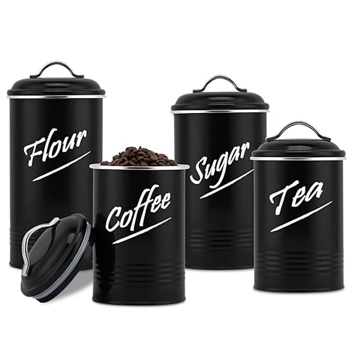 Hillbond Food Storage Canisters Containers for 4, Vintage Kitchen Canisters, Carbon Steel with Powder Coated Coffee Tea Sugar Flour Farmhouse Kitchen Canisters Set of 4(Black)