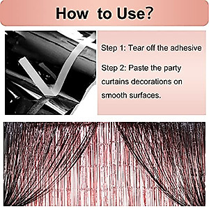 4 Packs 2 Black and 2 Rose Gold Foil Fringe Curtains, 3.2 ft x 8.2 ft Tinsel Curtains with Adhesive, Photo Booth Backdrop for Birthday, Graduation Party Decorations (Black and Rose Gold, 4pcs)
