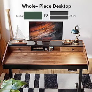 FEZIBO 55" Whole-Piece Standing Desk Adjustable Height with drawers, 55 x 24 inches Electric Adjustable Desk with Monitor Shelf, Sit Stand Rising Desk with baffle, Black Walnut