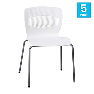 Flash Furniture Hercules Series Set of 5 Commercial Stack Chair - Roomy Wide 770 lb. Capacity - Lumbar Support - Durable Plastic - Silver Steel Frame - White