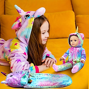 WONDOLL 18-inch-Doll-Clothes and Unicorn Reversible-Doll-Sleeping-Bag Set with Headband Compatible with All 18-inch Dolls Accessories for Kids