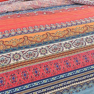 Nanko Queen Duvet Cover Set Boho Red Blue Colorful Retro Striped Print 3pc 90 x 90 Luxury Soft Microfiber Down Comforter Quilt Bedding Cover with Zipper Ties - Bohemian Exotic Style for Men and Women